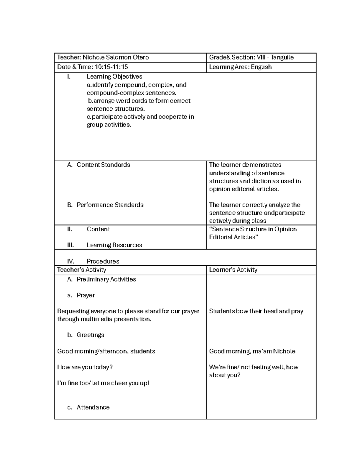 Lesson Plan in English Q3: Understanding Sentence Structures - Studocu