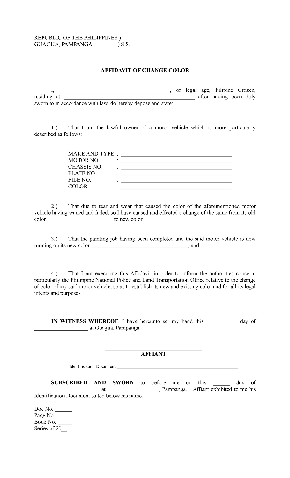 Affidavit of Change of Vehicle Color in Guagua, Pampanga - Studocu