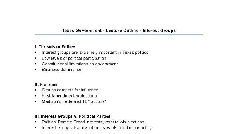 Texas Government - Lecture Outline on Interest Groups - Studocu