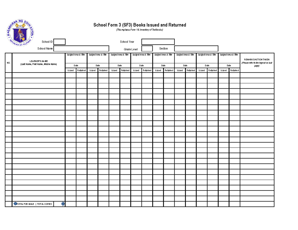 SF 3 Books Issued and Returned - School ID School Year School Name ...