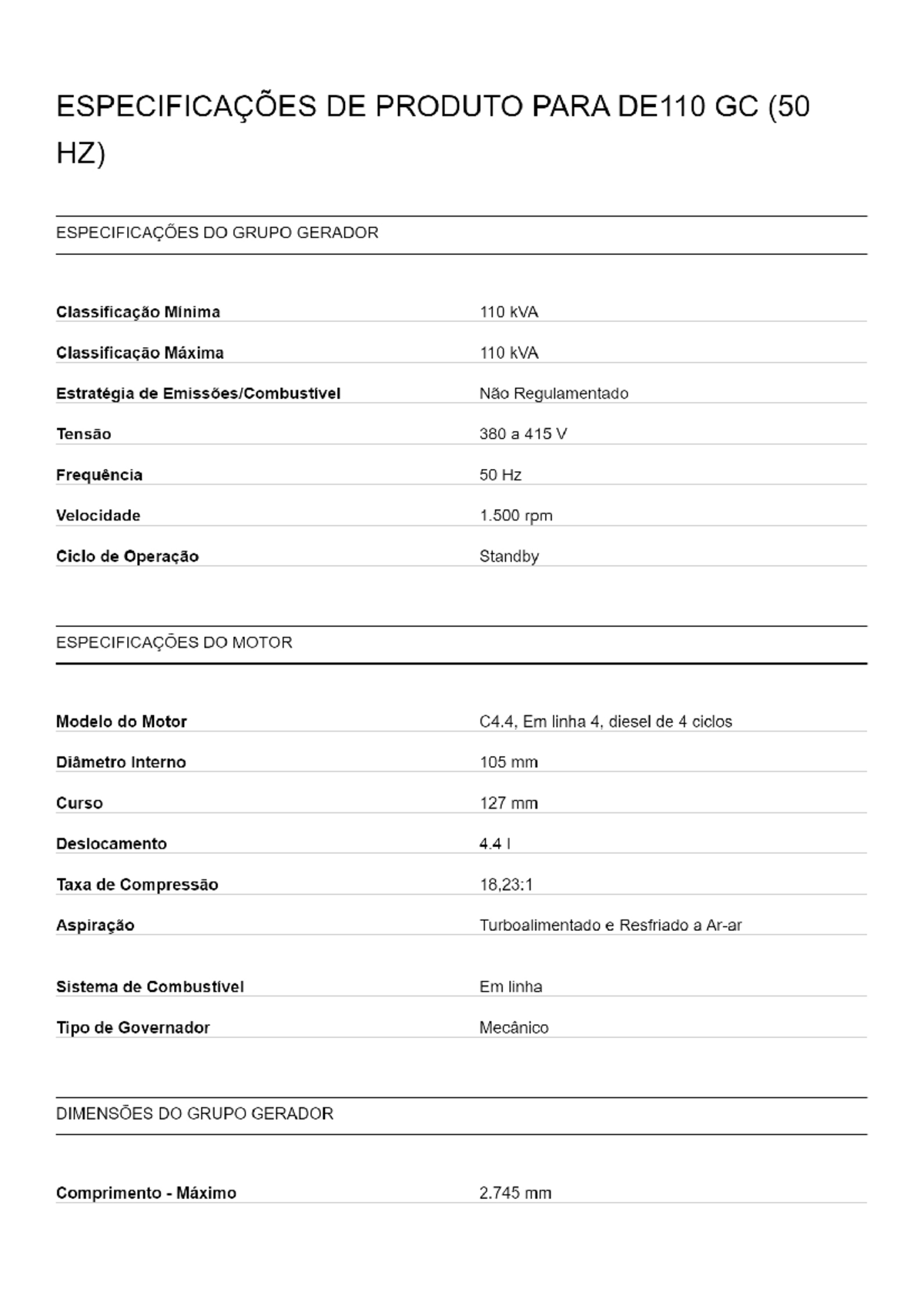 ESPECIFICAÇÕES DO GRUPO GERADOR DE110 GC (50 HZ) - MANUAL - Studocu