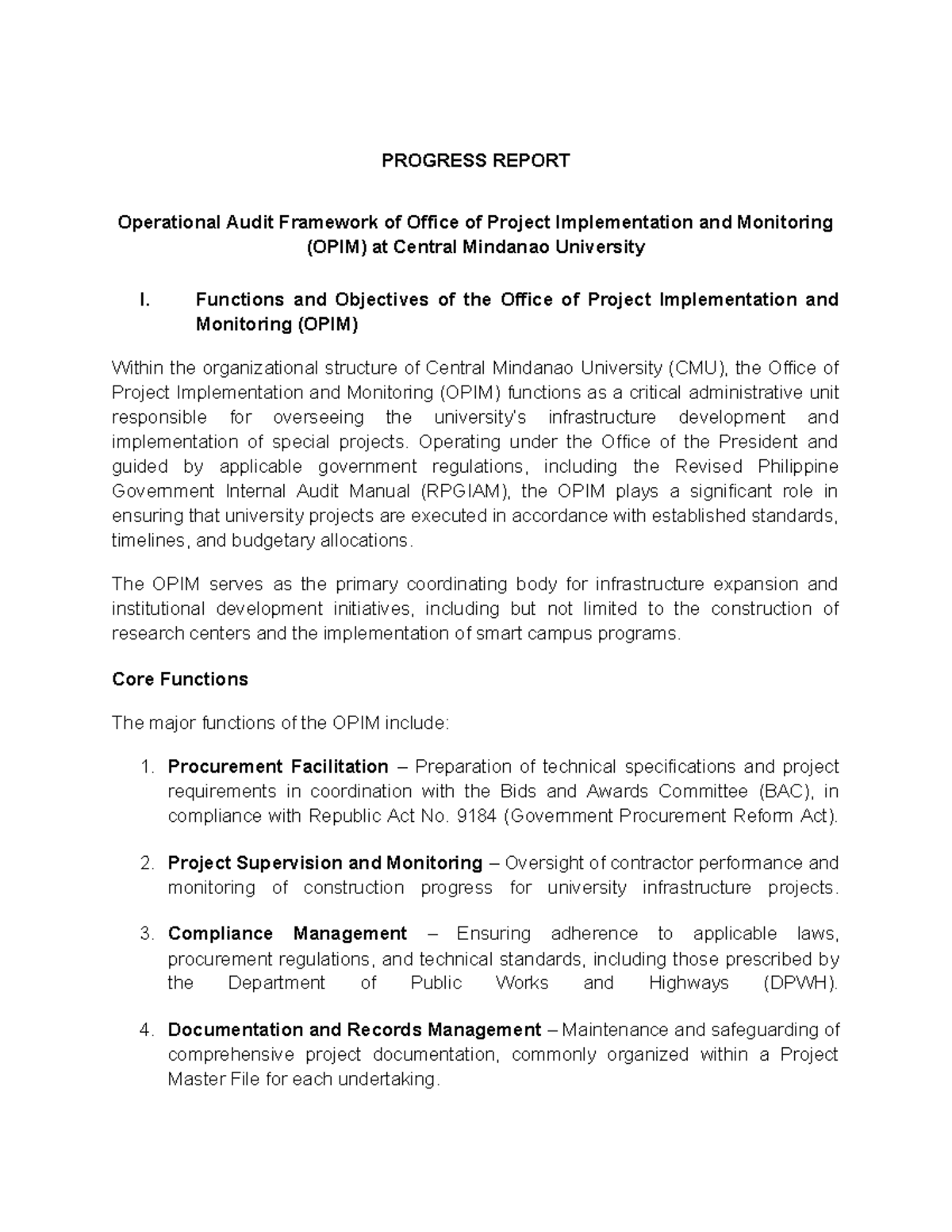 Operational Audit Framework of OPIM at CMU: Functions & Objectives ...