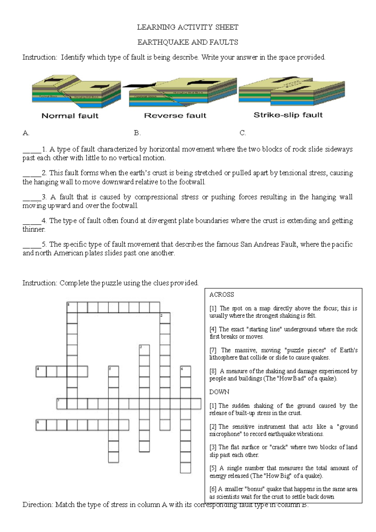 LEARNING ACTIVITY SHEET: EARTHQUAKE FAULT TYPES & STRESS - Studocu