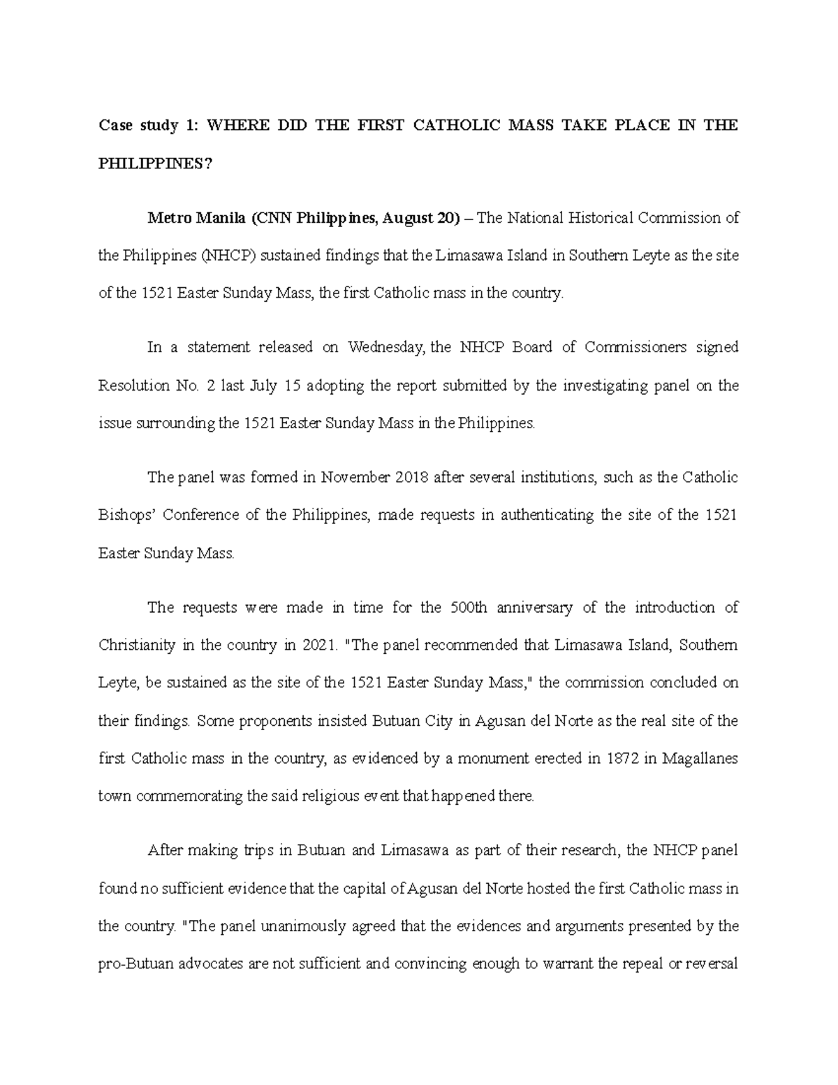 **Case Study: The First Catholic Mass in the Philippines (1521)** - Studocu