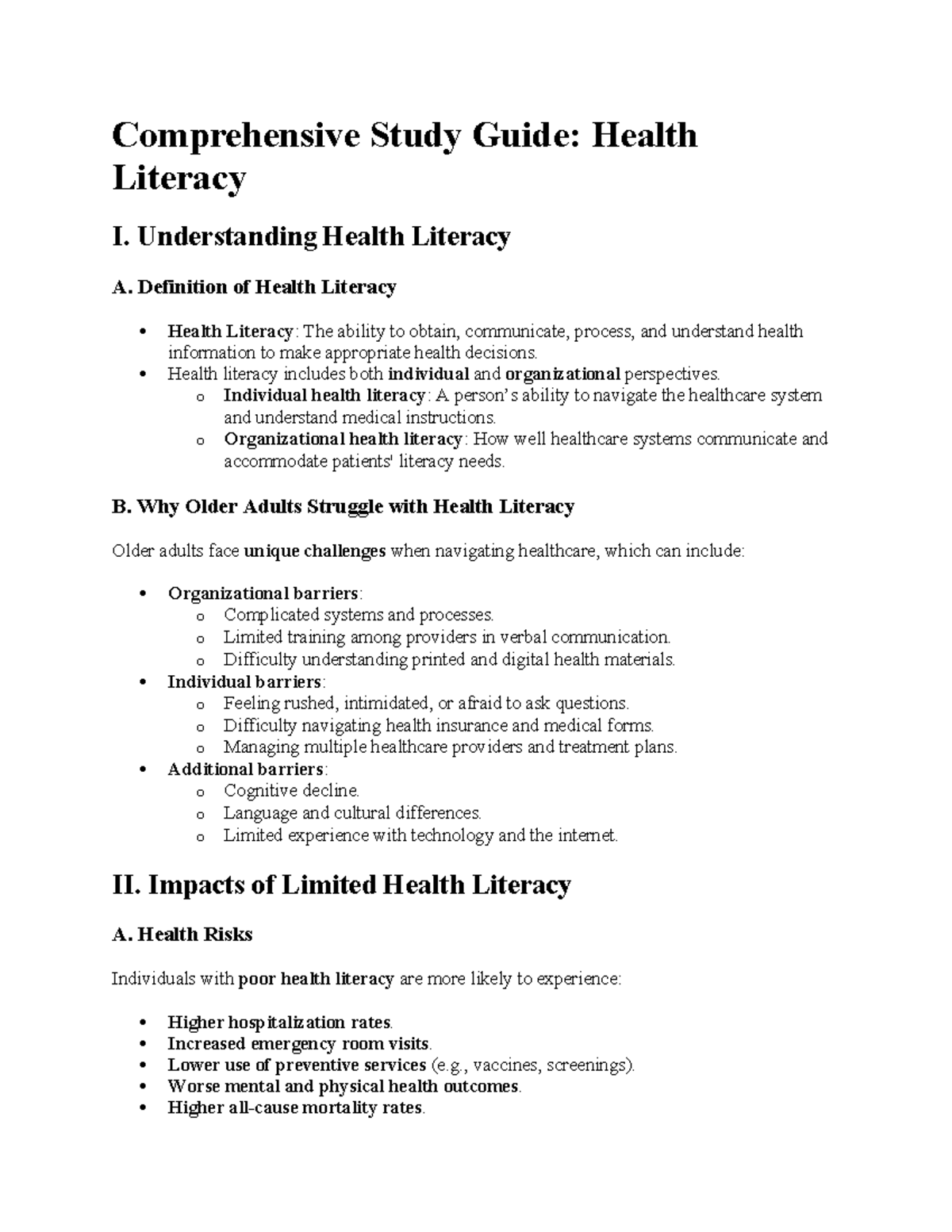 Comprehensive Study Guide: Health Literacy I (C6) - Studocu