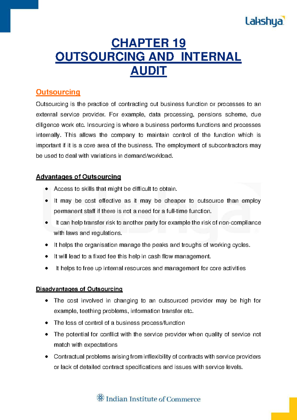 Ch 19: Outsourcing & Internal Audit Overview and Implications - Studocu
