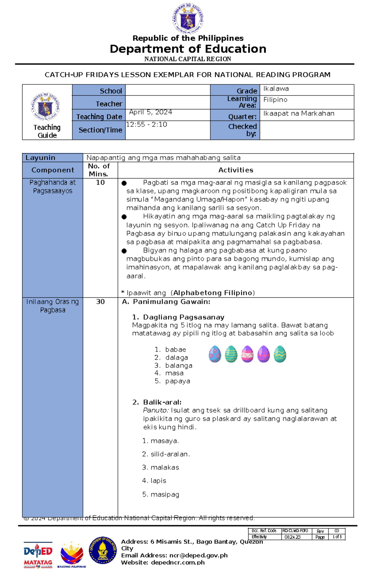 NRP Filipino 2 April 5 - Lesson Plan for National Reading Program - Studocu