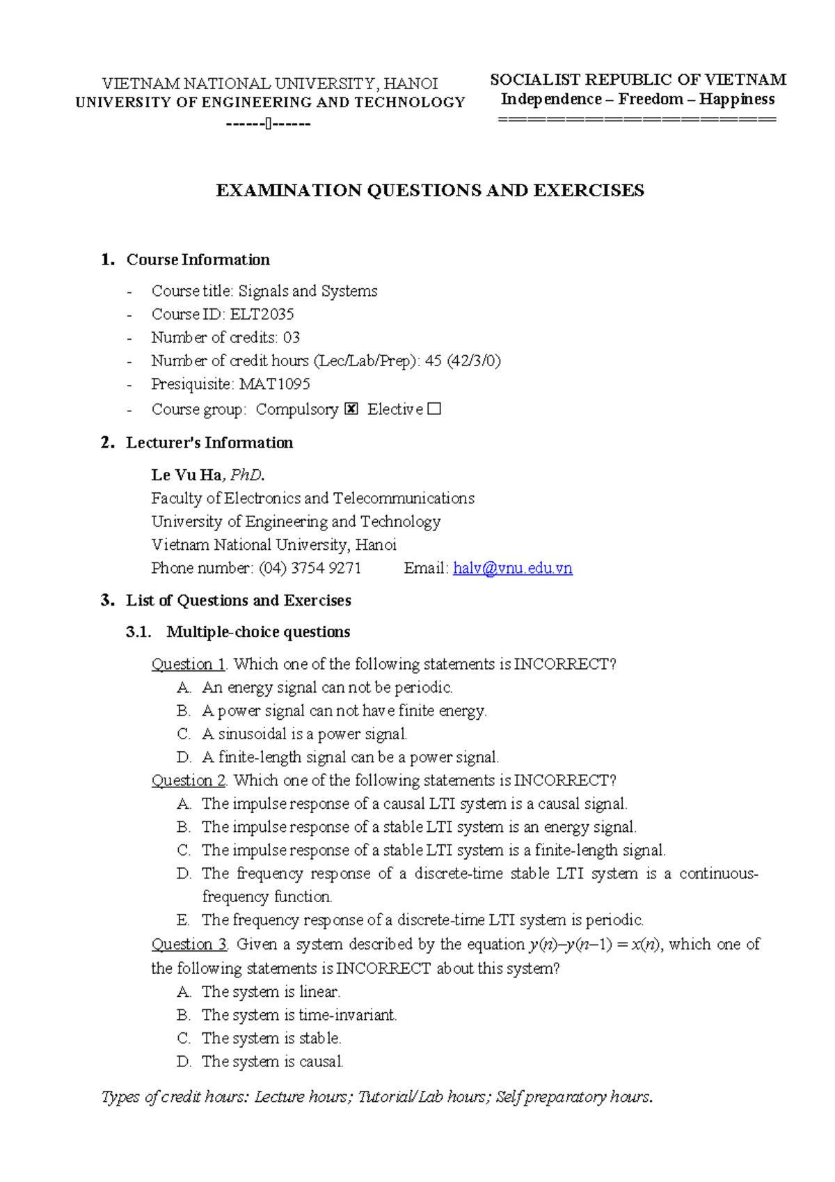 ELT2035 Signals and Systems Final Exam Questions and Exercises - Studocu