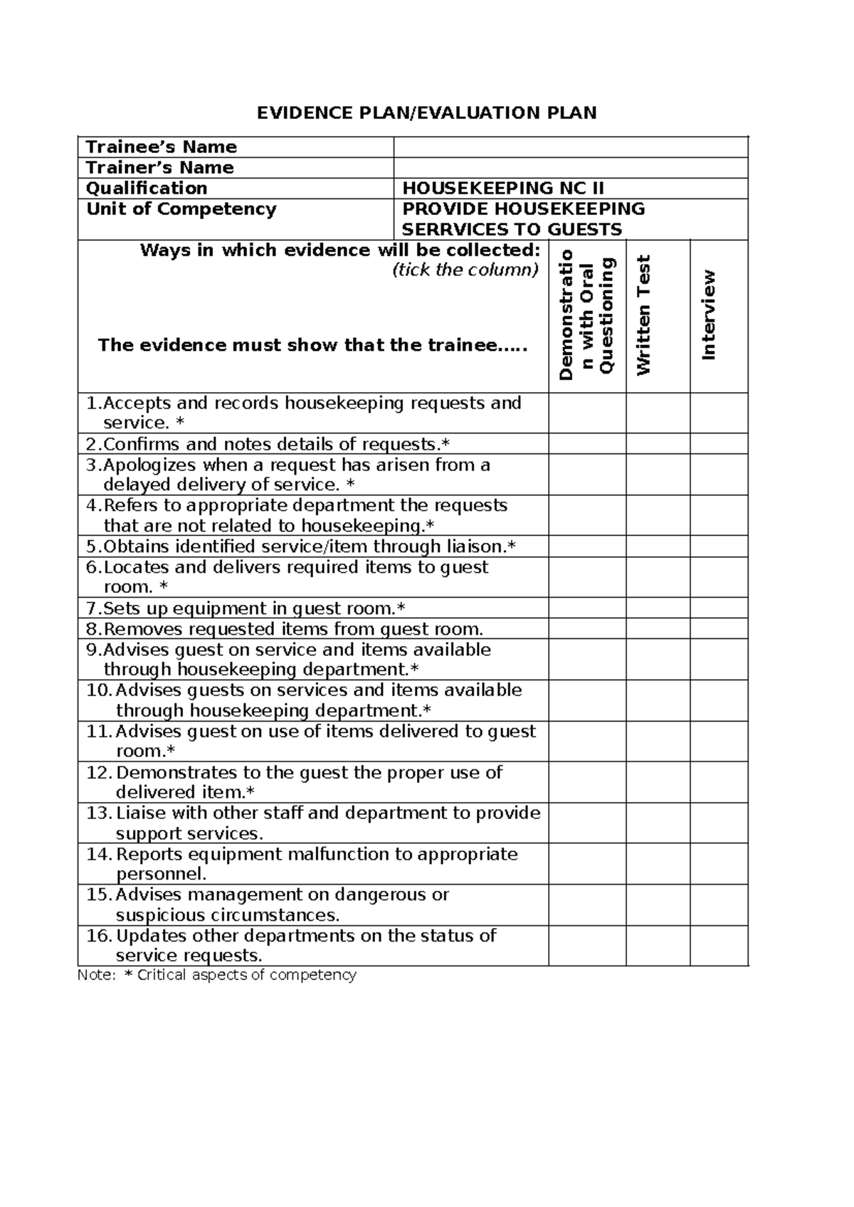 HOUSEKEEPING NC II EVIDENCE PLAN FOR SERVICE DELIVERY - Studocu