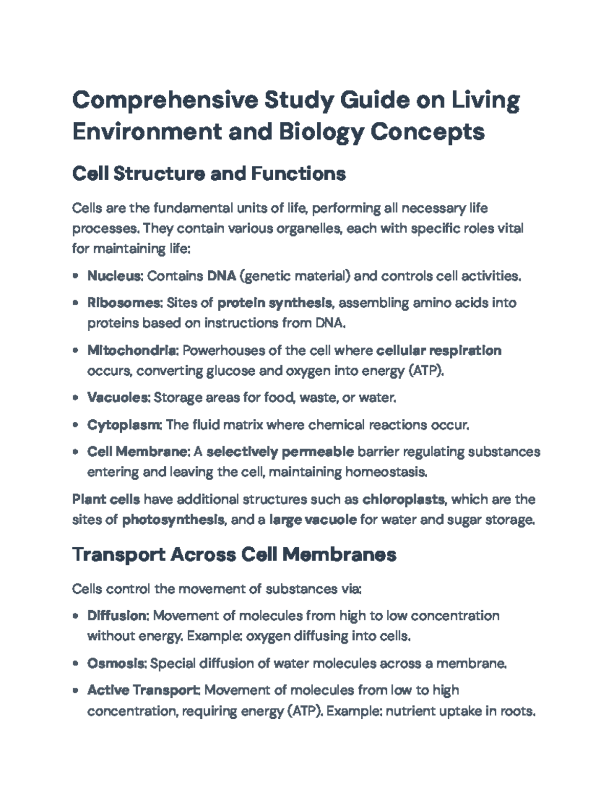 Comprehensive Study Guide for Living Environment & Biology Concepts (LE ...