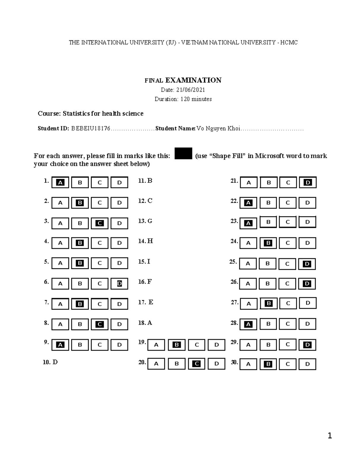 IU Vietnam National University STAT for Health Science Final Exam ...