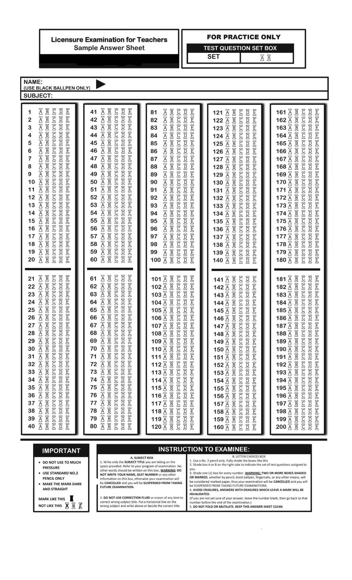 Licensure Examination for Teachers (LET) Sample Answer Sheet - Studocu