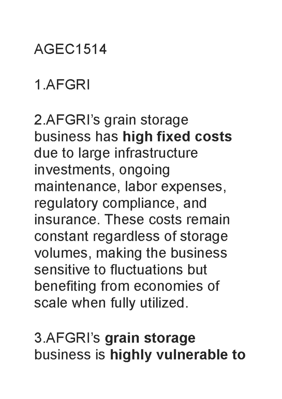 AGEC1514 - Lecture Notes on AFGRI Grain Storage Business Costs - Studocu