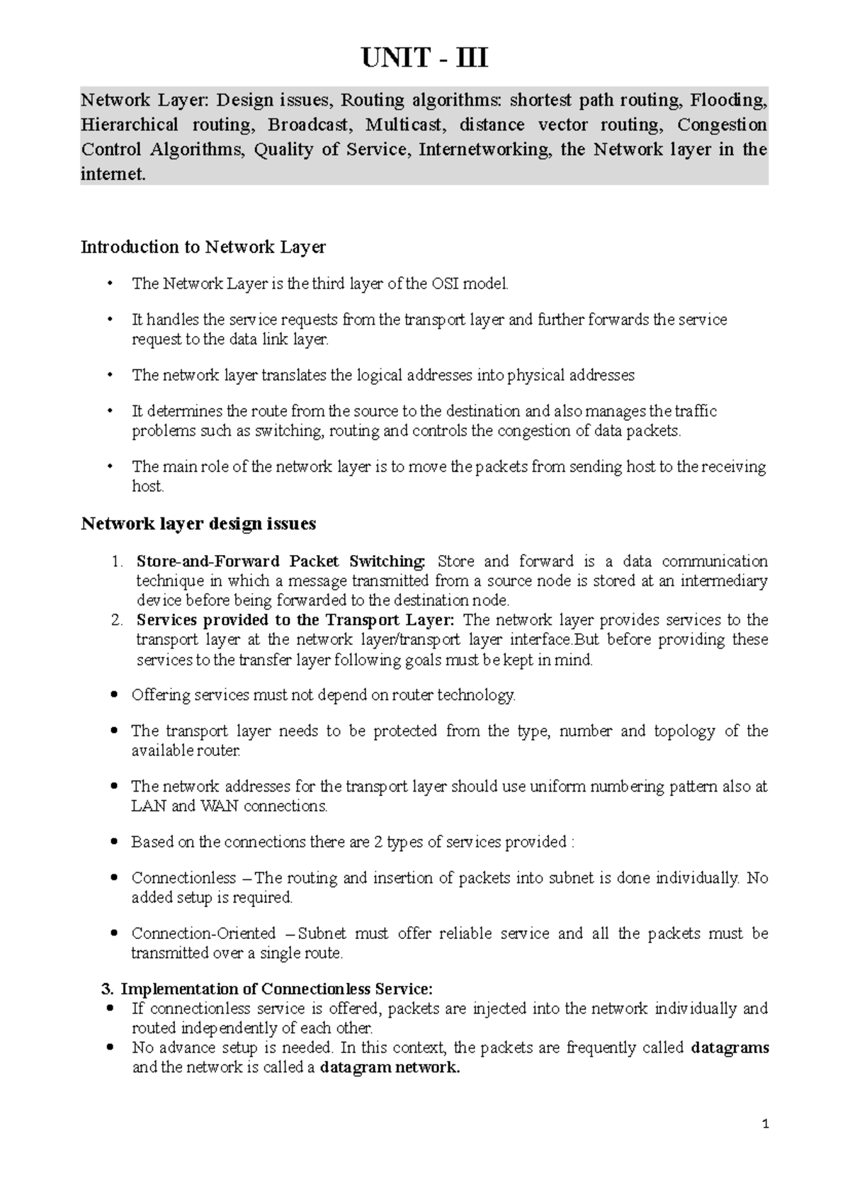 UNIT-III-C N-R18 - Network Layer Design Issues and Routing Algorithms ...