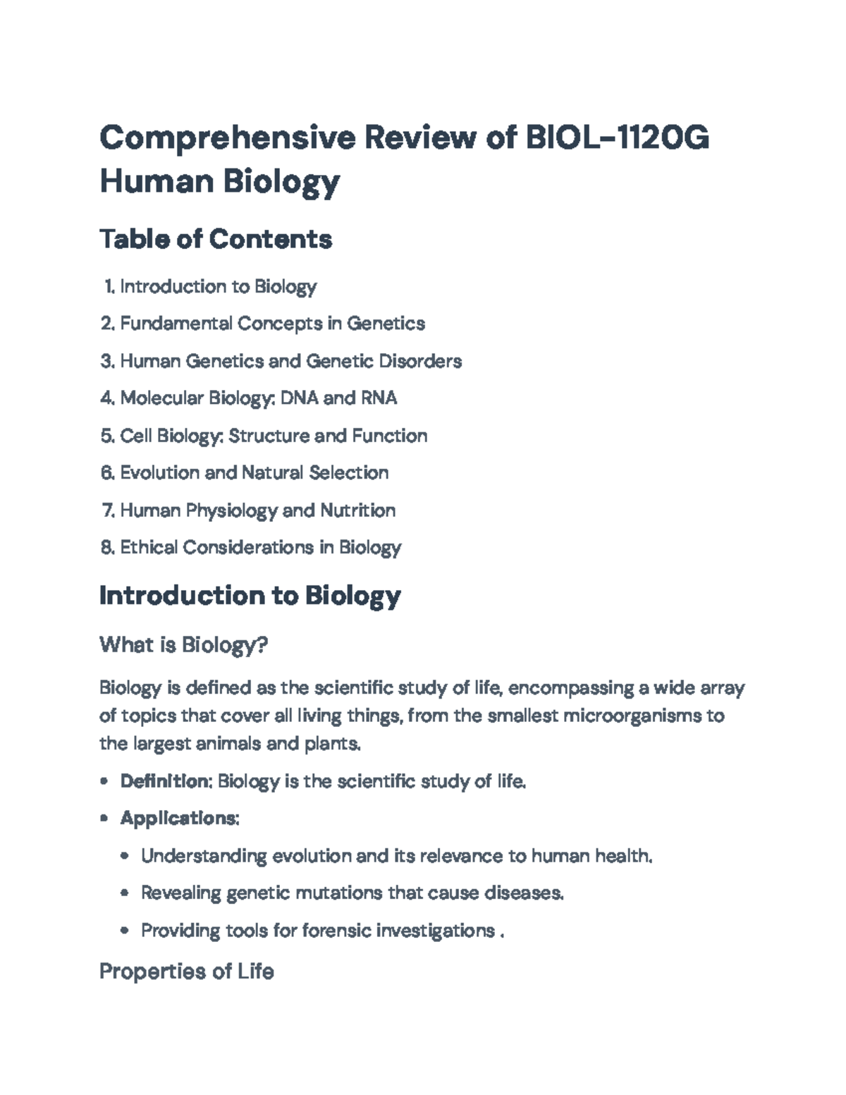Comprehensive Review for Final Exam in BIOL-1120G: Human Biology ...
