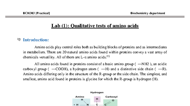 BCH303 Biochemistry Lab (1): Qualitative Tests of Amino Acids - Studocu