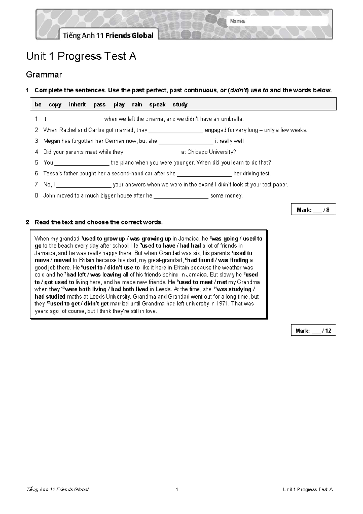 TA 11 Friends Global Unit 1 Progress Test A: Grammar & Vocabulary - Studocu