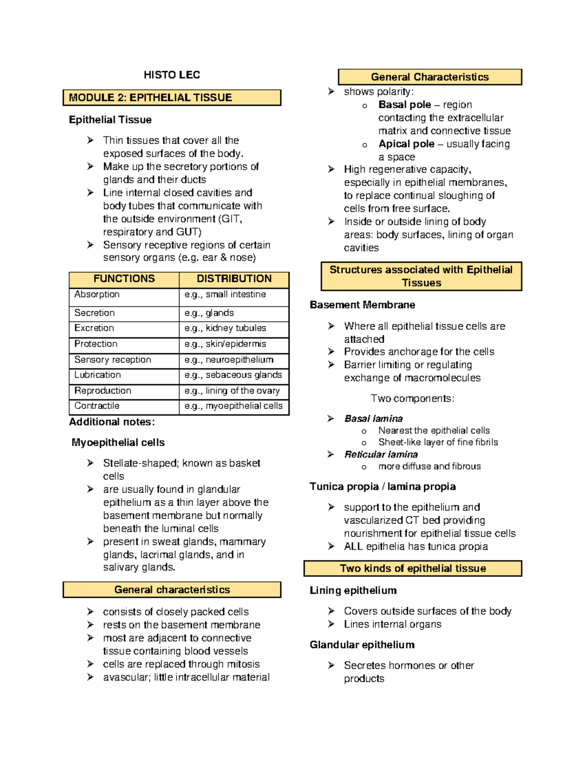 M2- Transes - …….. - HISTO LEC MODULE 2: EPITHELIAL TISSUE Epithelial ...