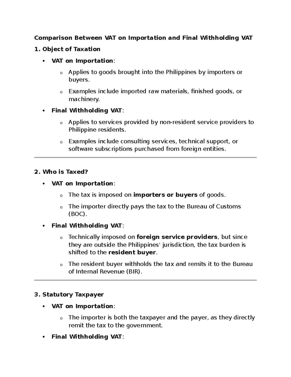Comparison of VAT on Importation vs Final Withholding VAT - Studocu