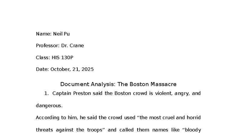 HIS 130P Essay: Analyzing Perspectives on the Boston Massacre - Studocu