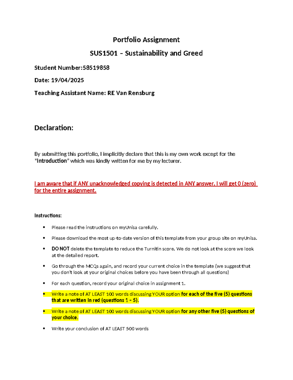 SUS1501 Portfolio Assignment: Sustainability, Ethics, and Greed ...