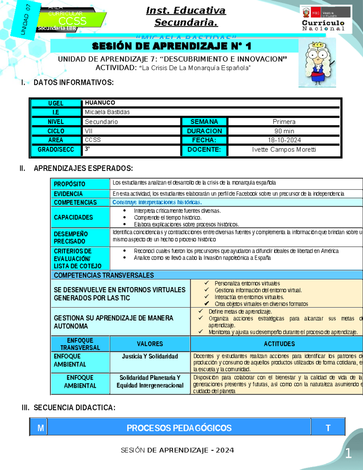 Sesion CCSS 3° SEC- Semana 01 UNI 7 - CCSS UNIDAD 07 Secundaria EBR CURRICULAR Inst. Educativa ...
