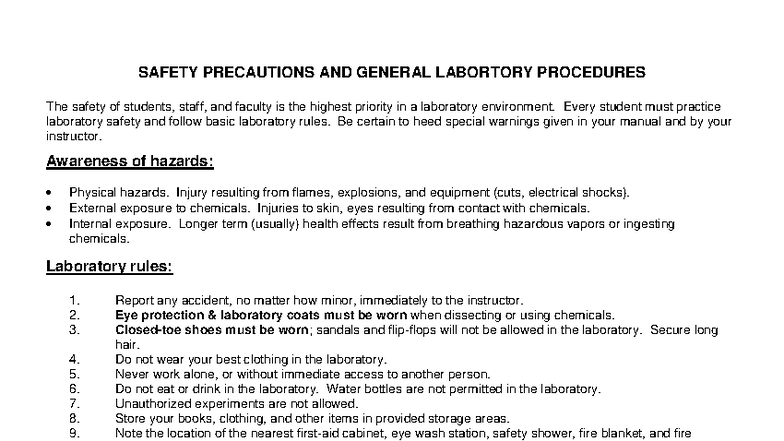 LAB SAFETY PRECAUTIONS & GENERAL PROCEDURES (CHEM 101) - Studocu