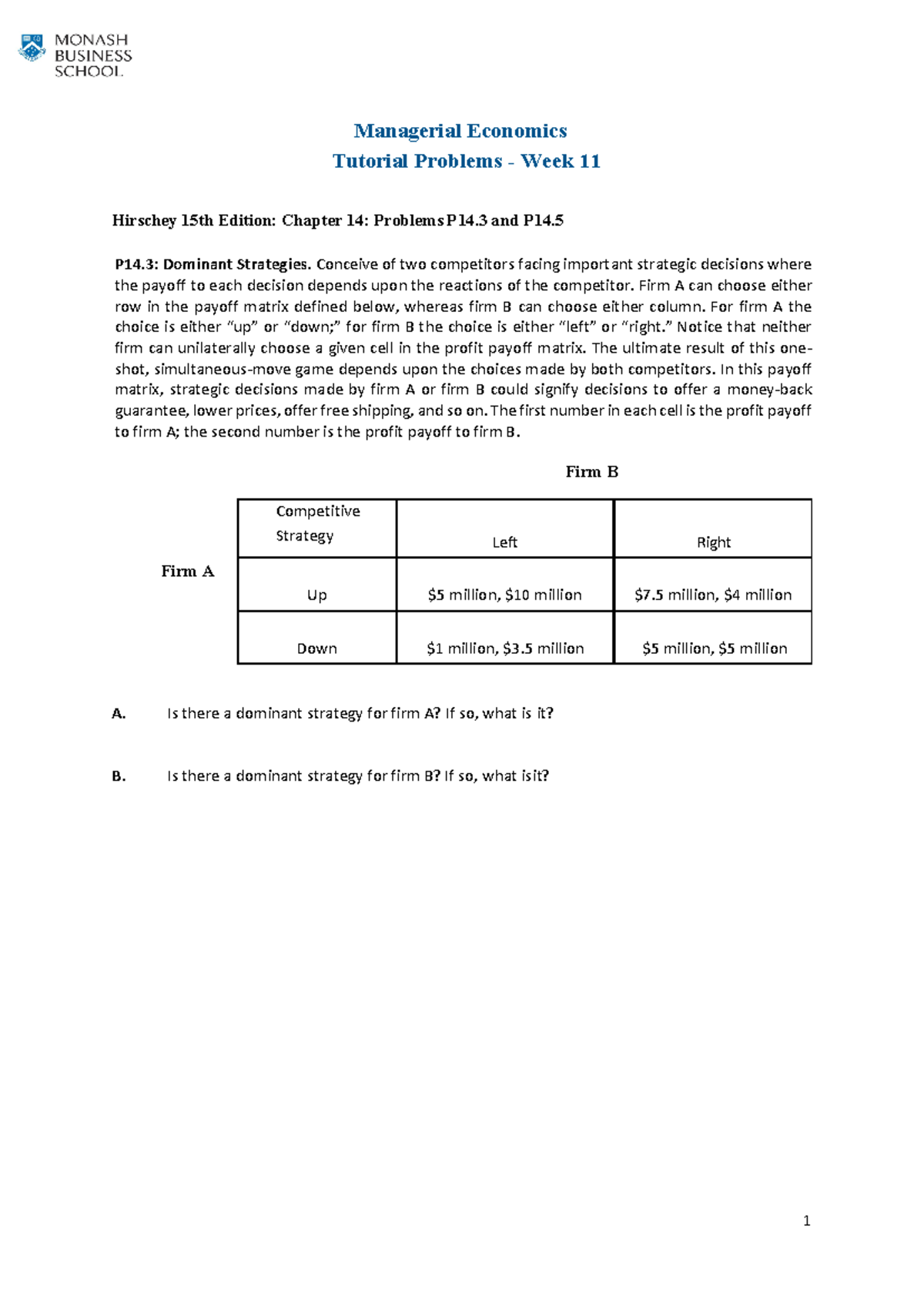 Managerial Economics Tutorial Problems for Week 11 - 1 Managerial ...