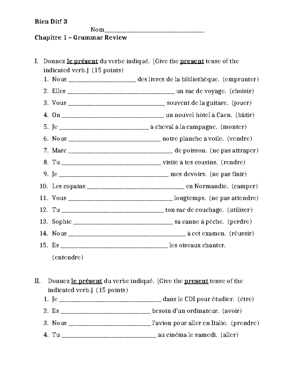 Bien Dit 3 - Chapitre 1 Test Review Guide and Grammar Exercises - Studocu