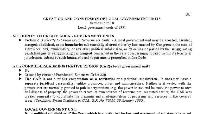 Creation and Conversion of Local Government Units: Sections 6-10 LGC ...