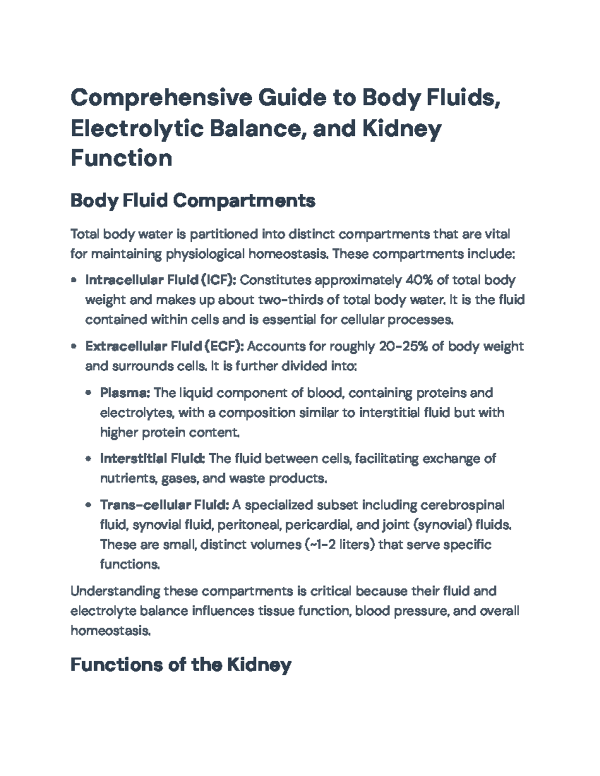 Comprehensive Overview of Kidney Function and Fluid Balance in PHYS 101 ...