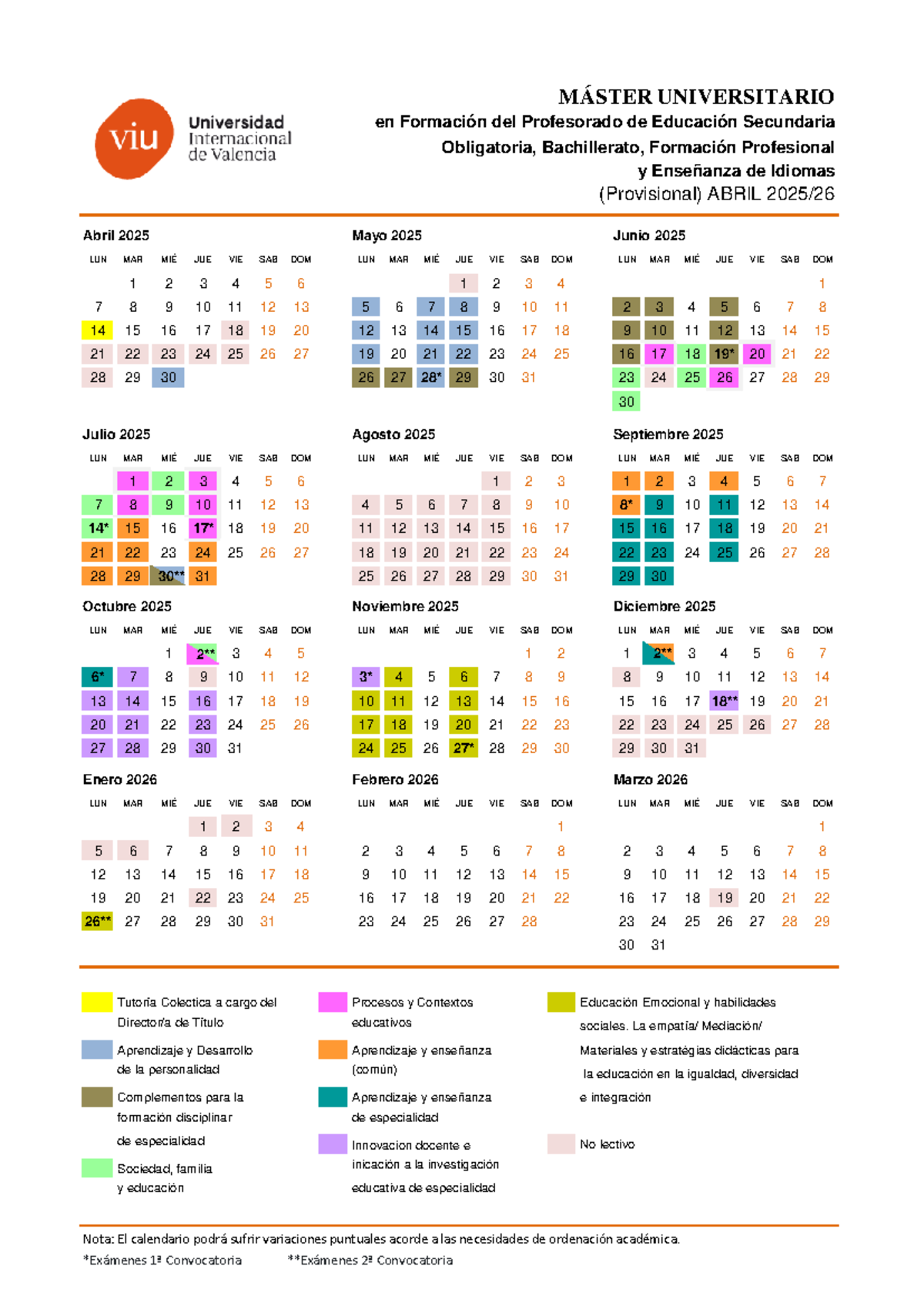 Calendario Académico 2025-2026 MÁSTER MU Secundaria - Studocu