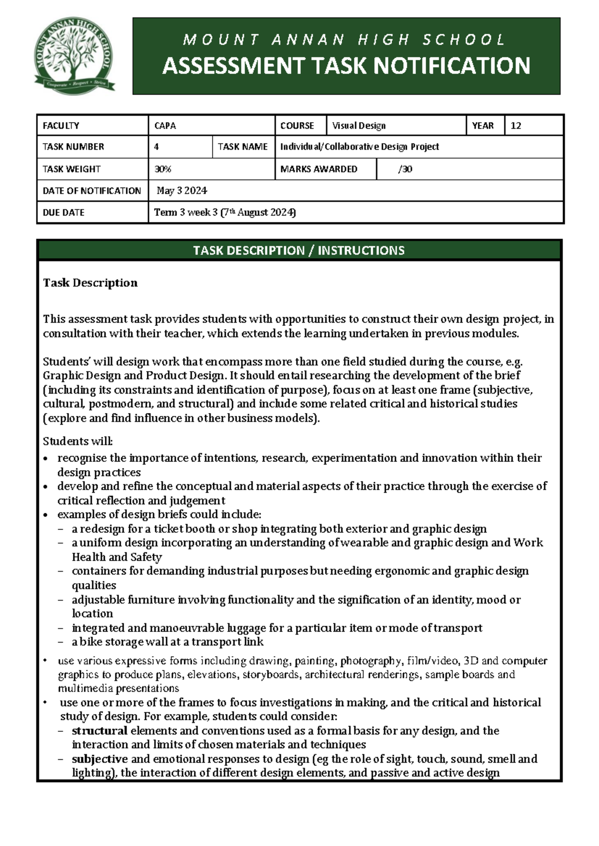 Year 12 Visual Design Project Task 4 - Assessment Notification - Studocu