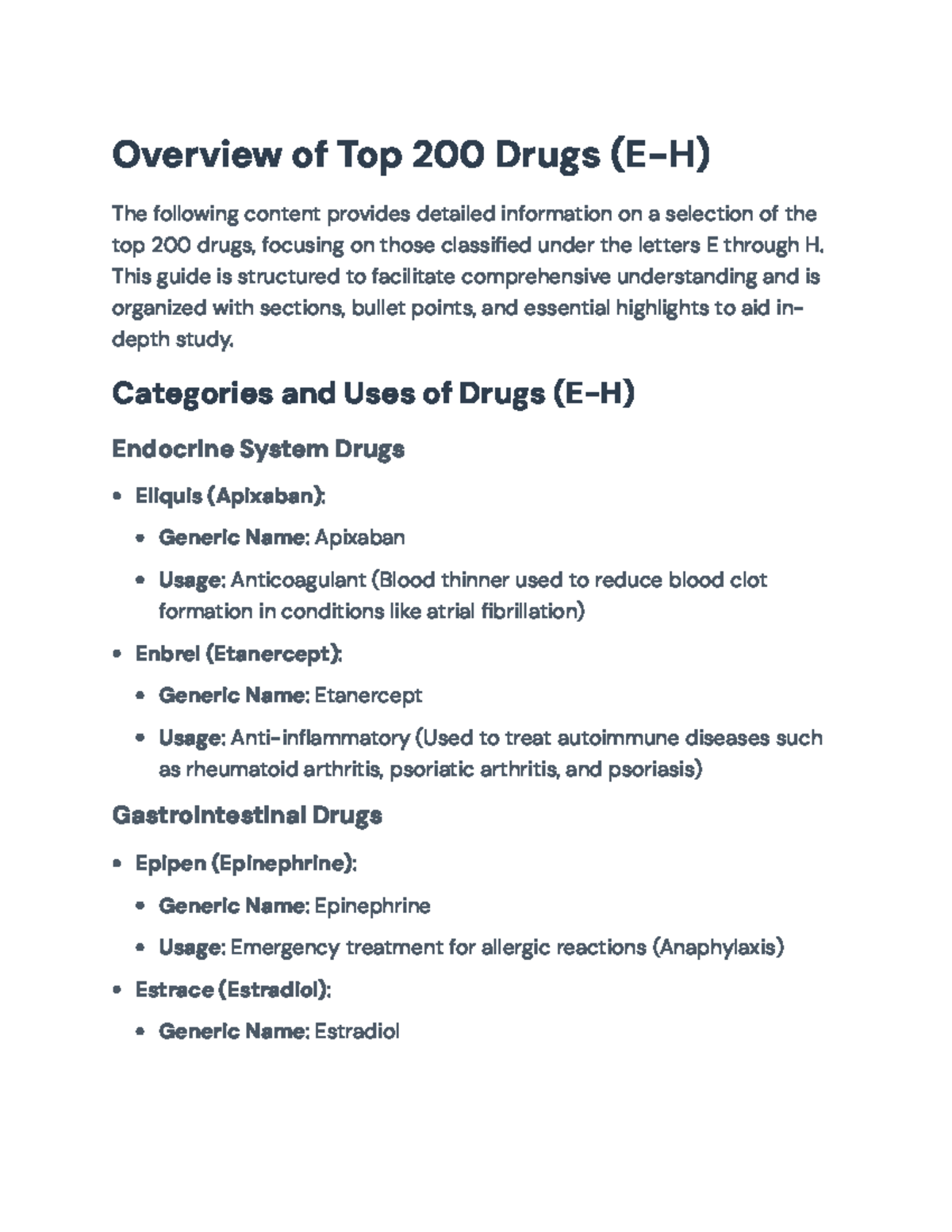 Overview of Top 200 Drugs (E-H) for Clinical Use and Study Guide ...
