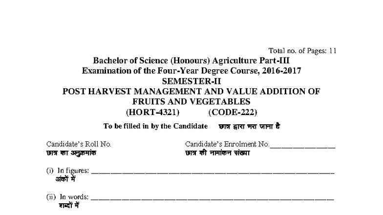 Bachelor of Science (Hons) Agriculture: Post Harvest Management Exam ...