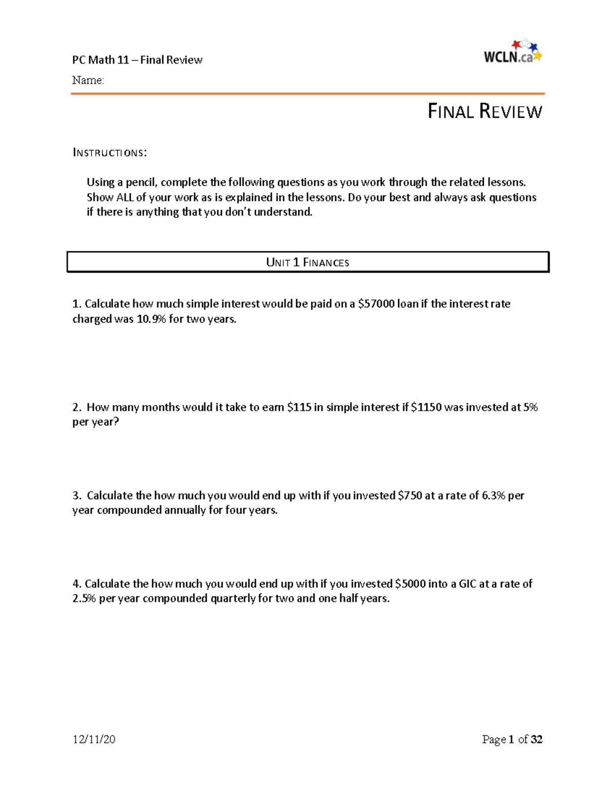 PCMA11 Final Review - Pre-Calculus 11 Study Guide - Studocu