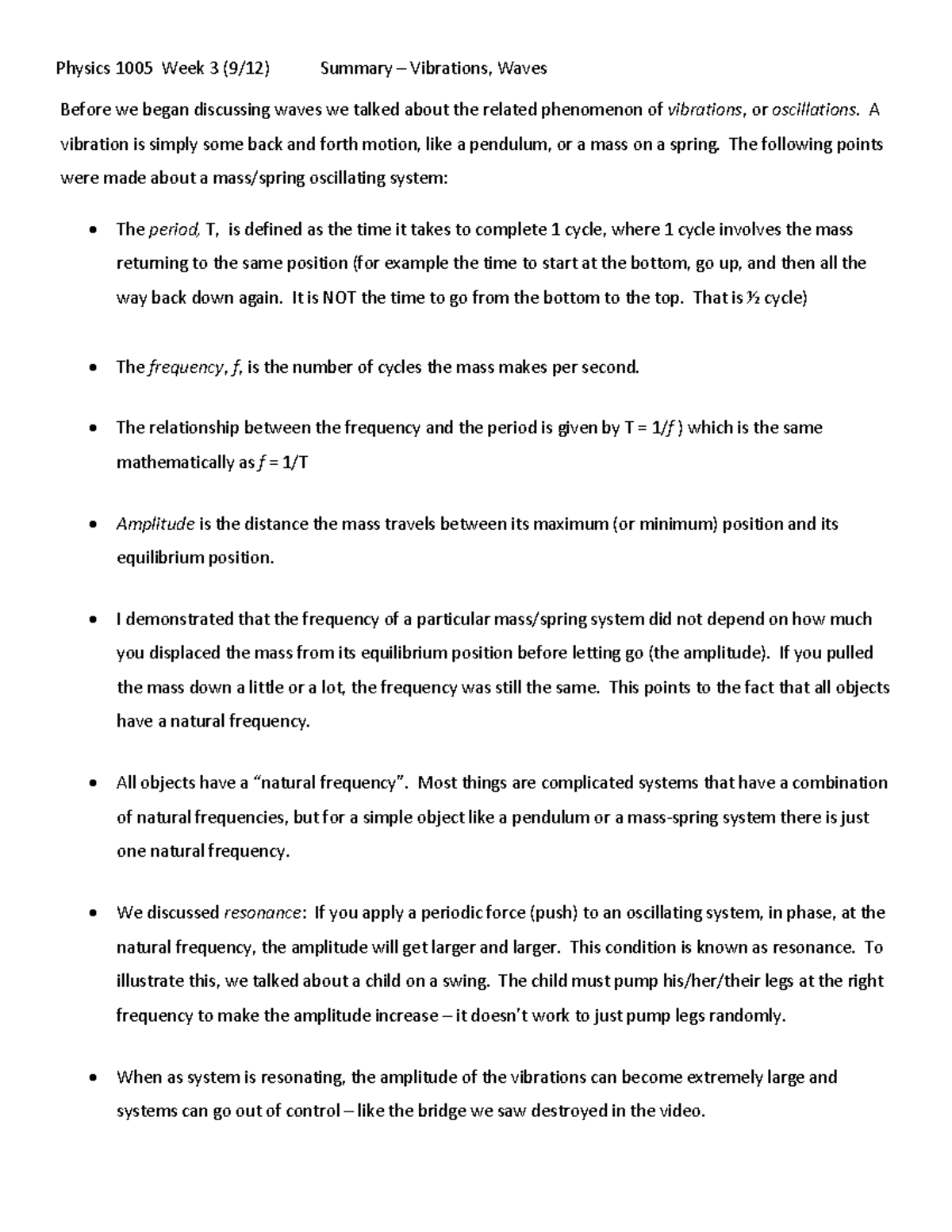 Physics 1005 Week 3 Summary: Key Concepts in Vibrations & Waves - Studocu