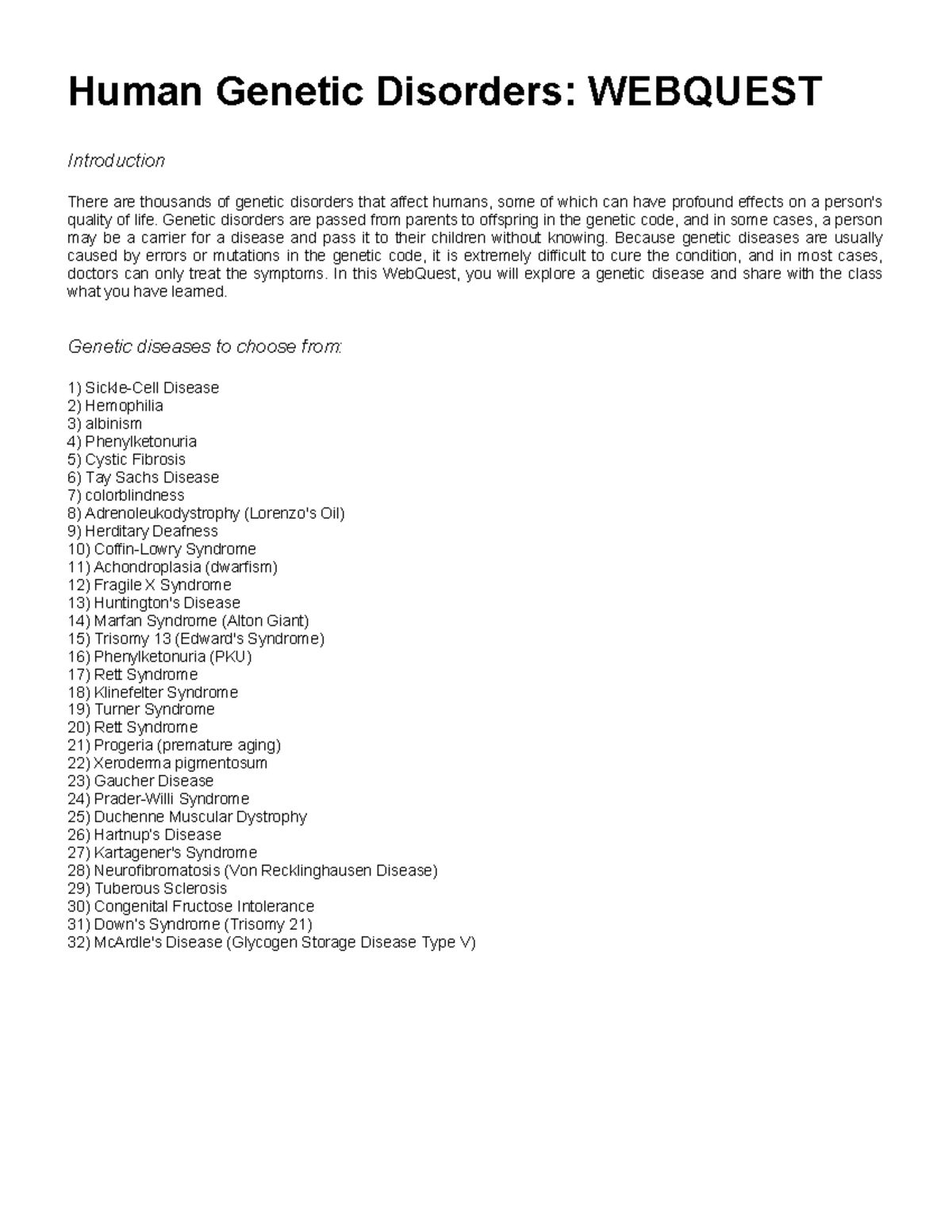 Genetic Disorders WebQuest: Exploring Human Genetic Conditions - Studocu