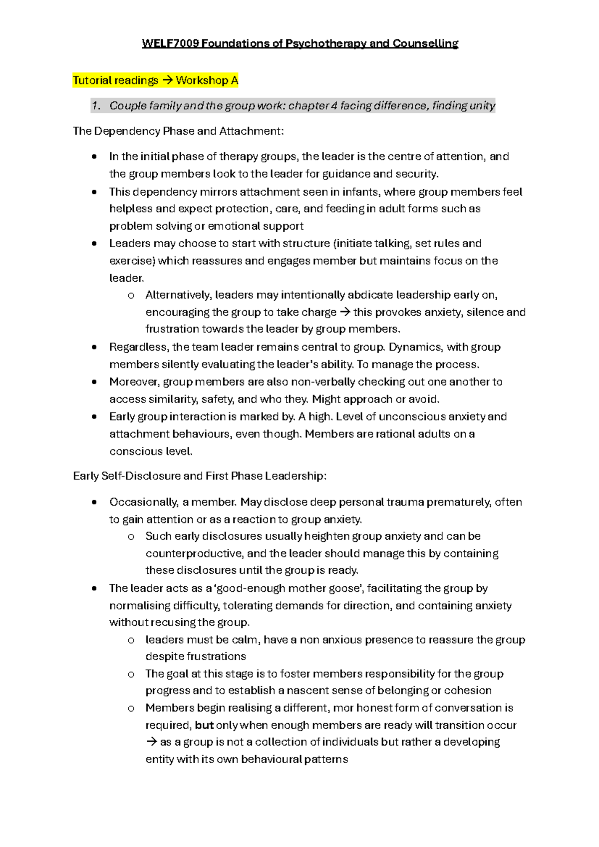 WELF7009 Autumn Semester Reading Notes: Foundations of Psychotherapy ...