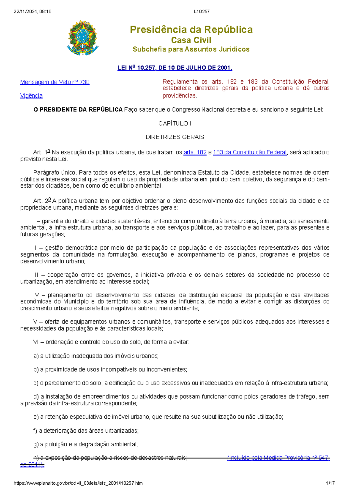 LEI Federal 10.257- Estatuto das cidades - Arts. 182 e 183 da ...