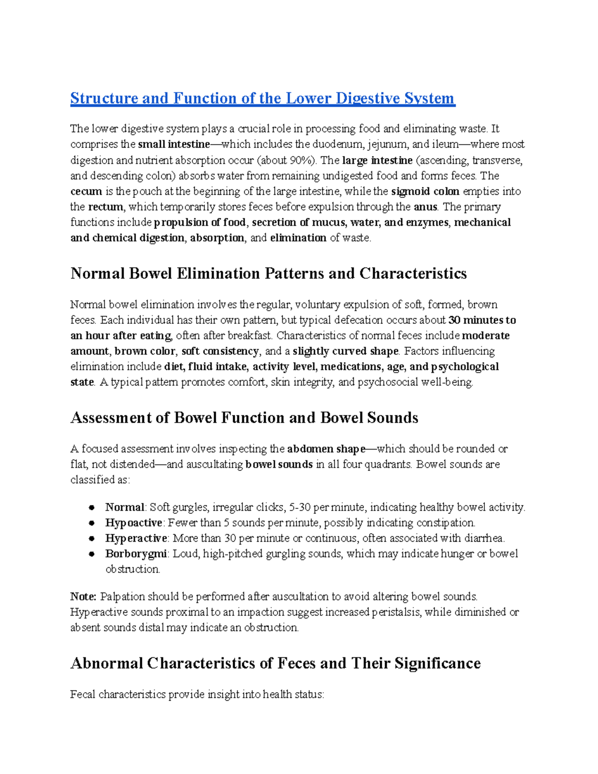 Comprehensive Guide to Lower Digestive System & Bowel Elimination - Studocu