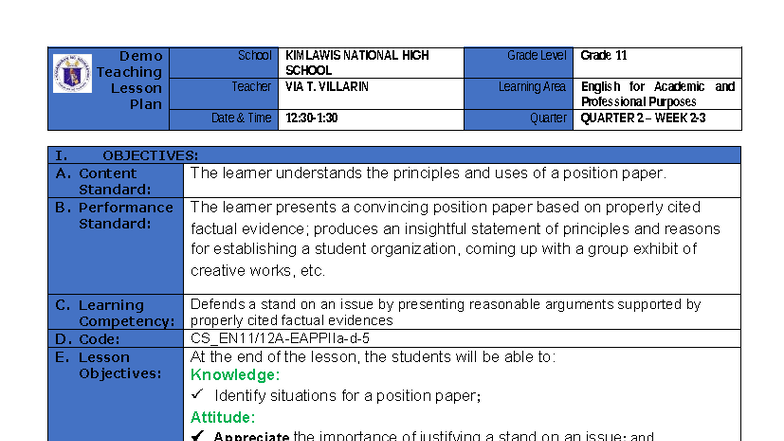 EAPP 11: Week 3 Lesson Plan on Writing Position Papers - Studocu
