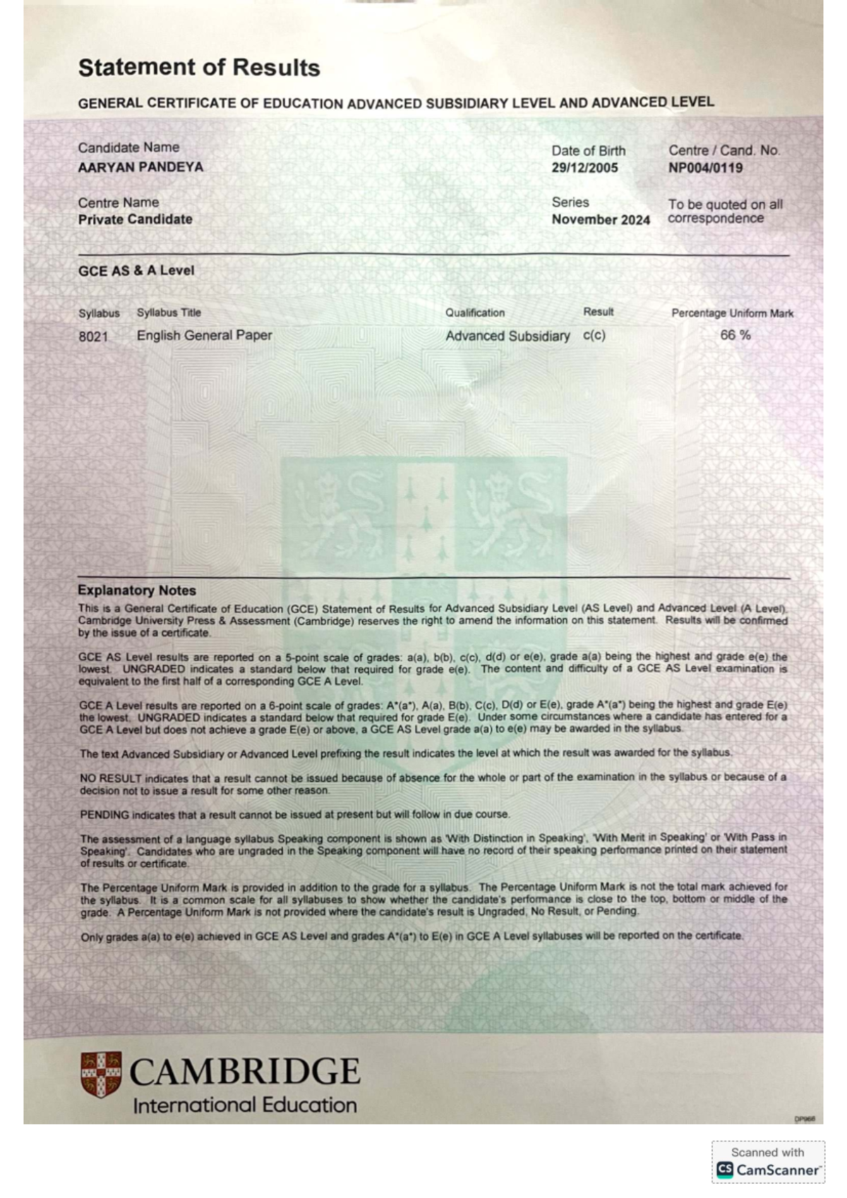 GCE AS/A Level Statement of Results for Aaryan Pandeya - Nov 2024 - Studocu
