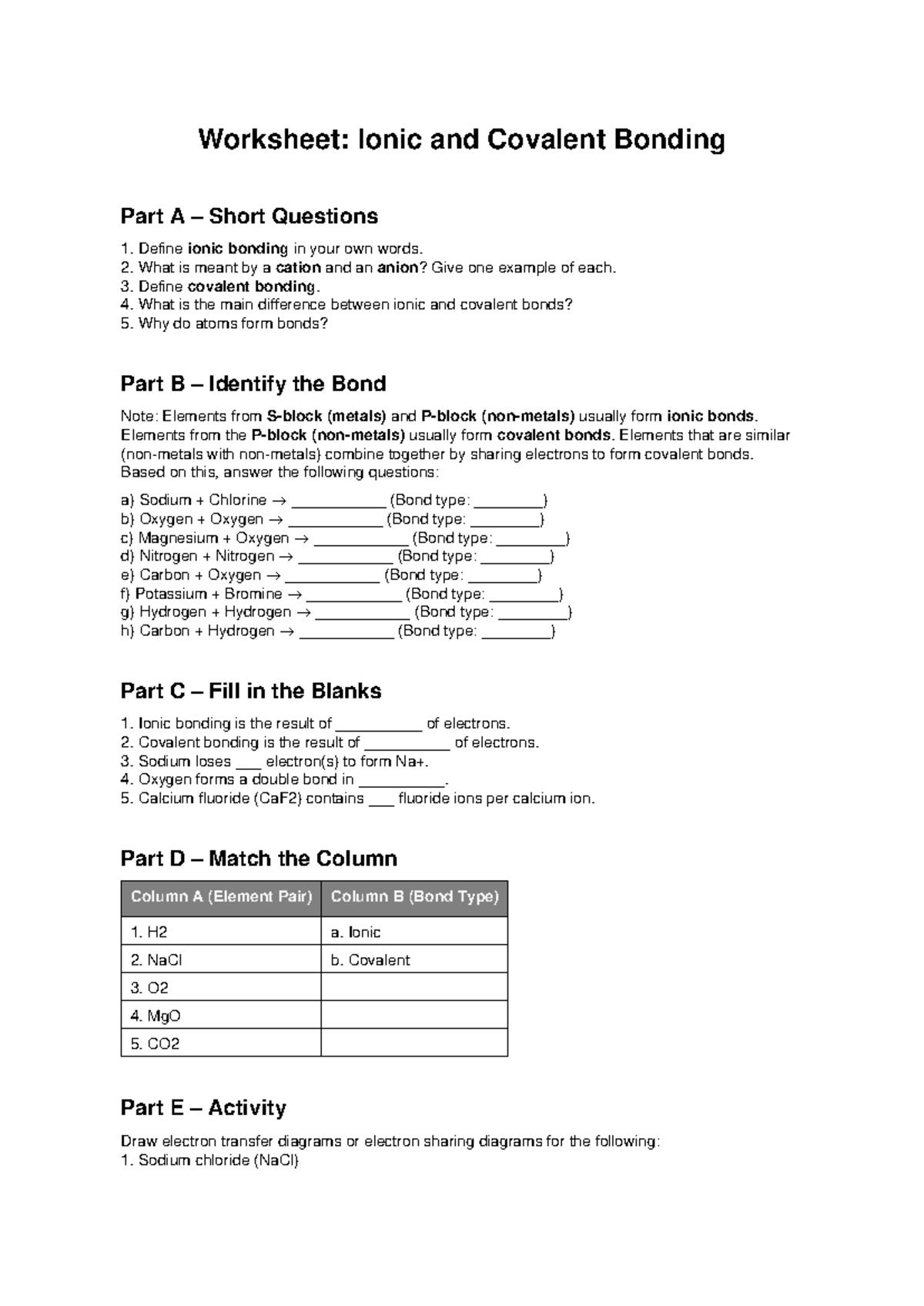 Ionic and Covalent Bonding Worksheet: Short Questions & Activities ...