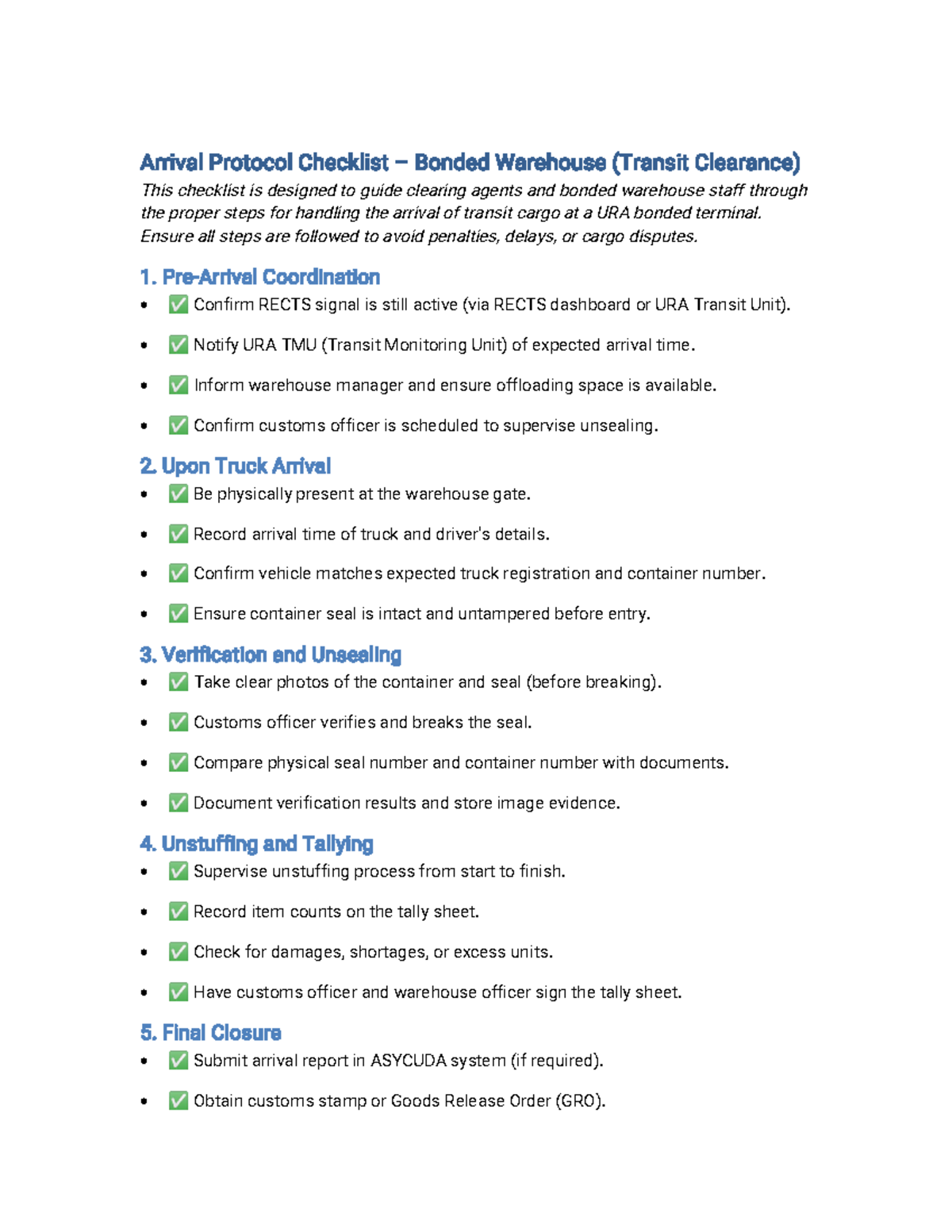 Arrival Protocol Checklist for Bonded Warehouse (Transit Clearance ...