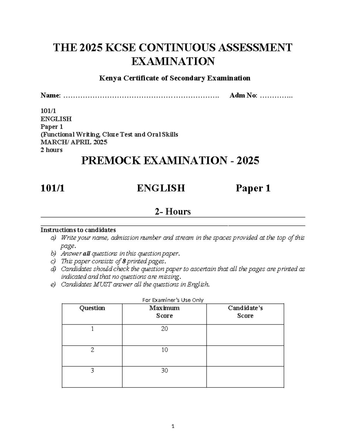 ENGLISH 2025 KCSE PREMOCK EXAMINATION Paper 1: Functional Writing ...