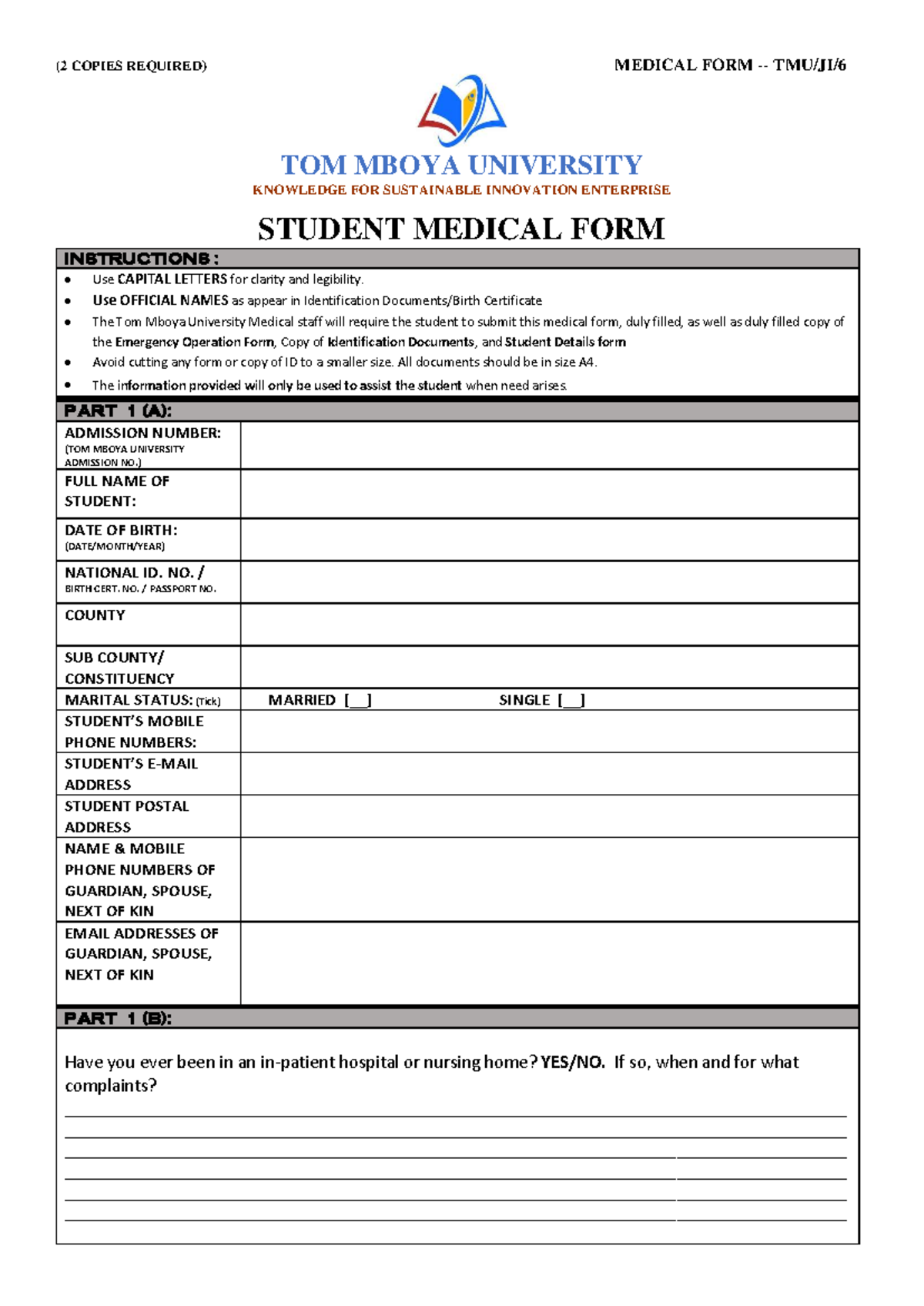 TOM MBOYA UNIVERSITY STUDENT MEDICAL FORM INSTRUCTIONS - Studocu
