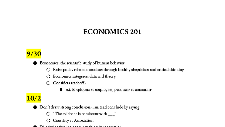 Economics 201 Midterm #1 Study Guide: Key Concepts & Elasticity - Studocu