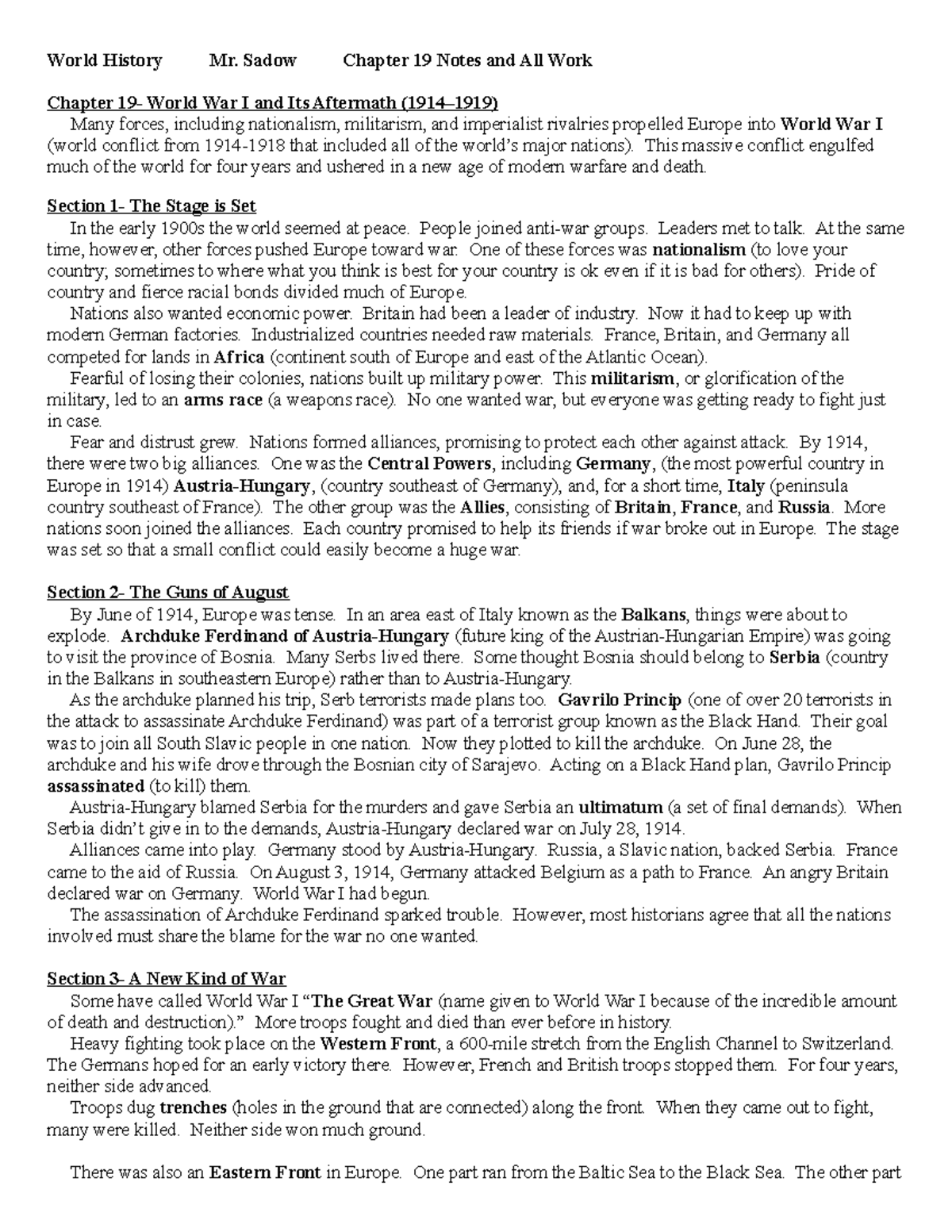 World History Chapter 19 Notes: WWI and Aftermath Insights - Studocu