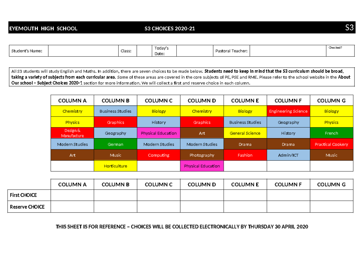 S3 Subject Choices Form 2020-21 for EYEMOUTH HIGH SCHOOL - Studocu
